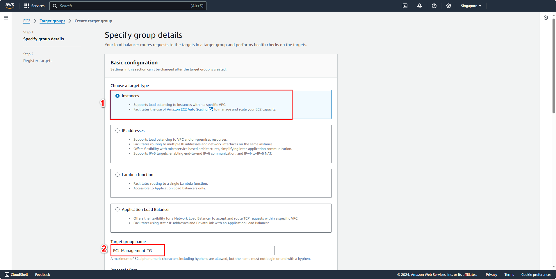 Create Target Group :: DEPLOYING FCJ MANAGEMENT APPLICATION WITH AUTO SCALING GROUP.
